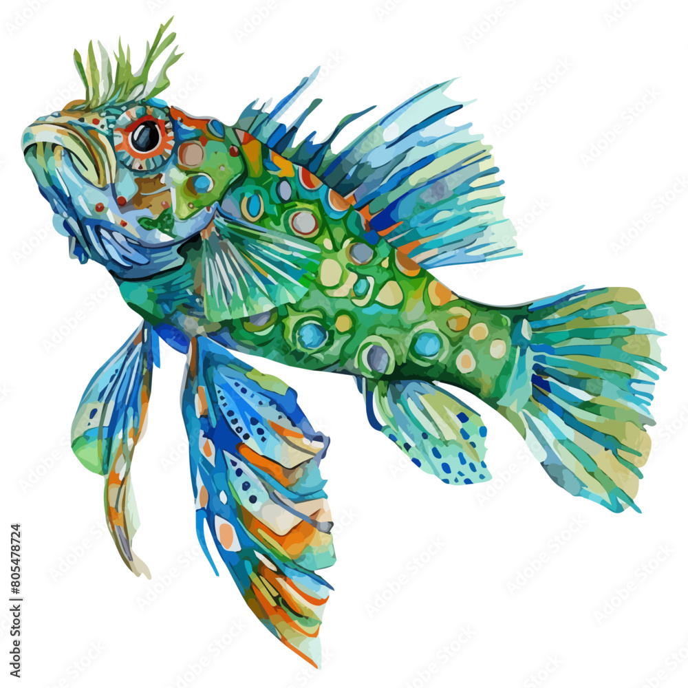 Watercolor painting of a mandarin fish, isolated on a white background ...