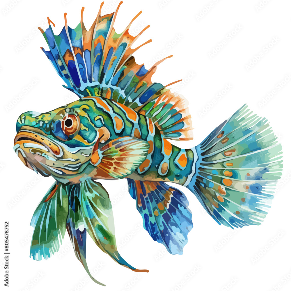 Watercolor Illustration painting of a mandarin fish, isolated on a ...