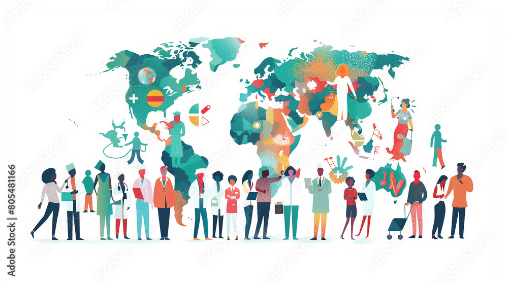 Illustrated global map with diverse people representing international ...