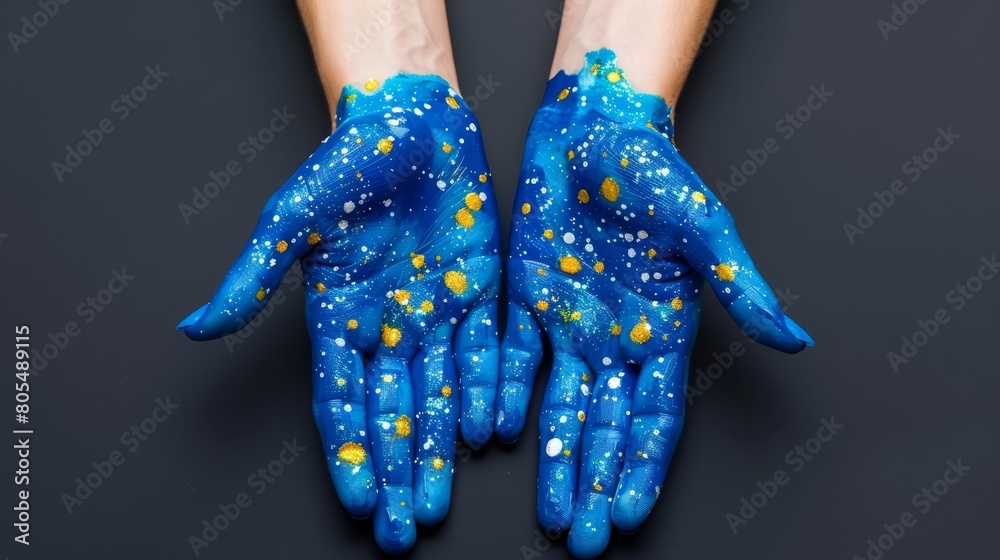 Two hands decorated with blue and yellow paint, each bearing yellow dot ...
