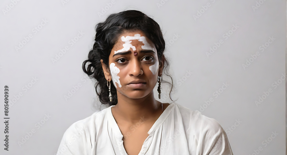 An Indian Lady with Vitiligo looking sideways in an isolated white ...