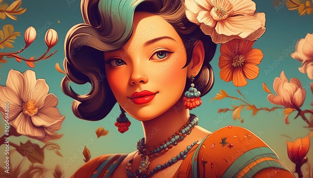 Close-up of a female Armenian pin-up character, embodying the delicate ...