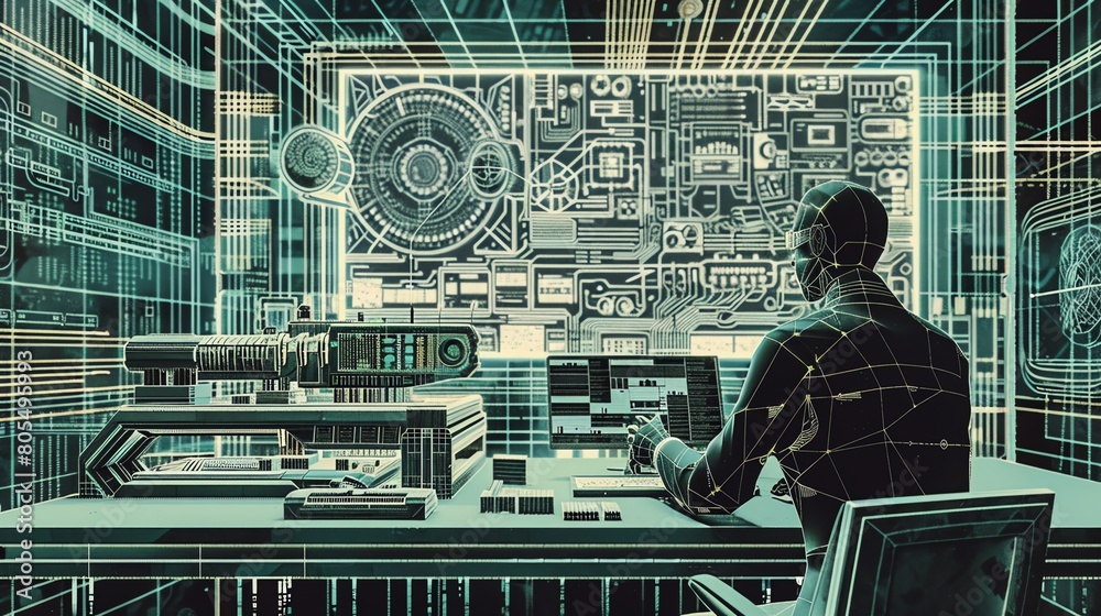 a robotic engineer programming at a computer, with a 3D holographic ...