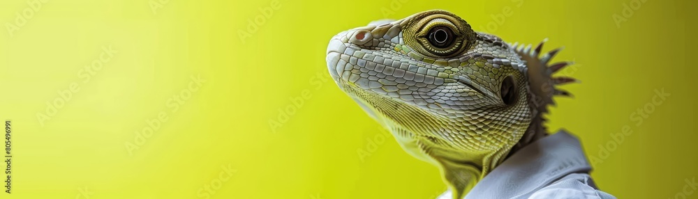 This image captures a closeup halfbody of a charismatic reptile in a ...