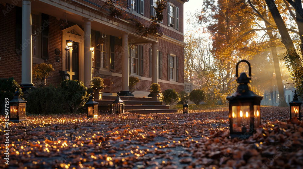 A dignified Federal-style brick home in the crisp air of a fall morning ...