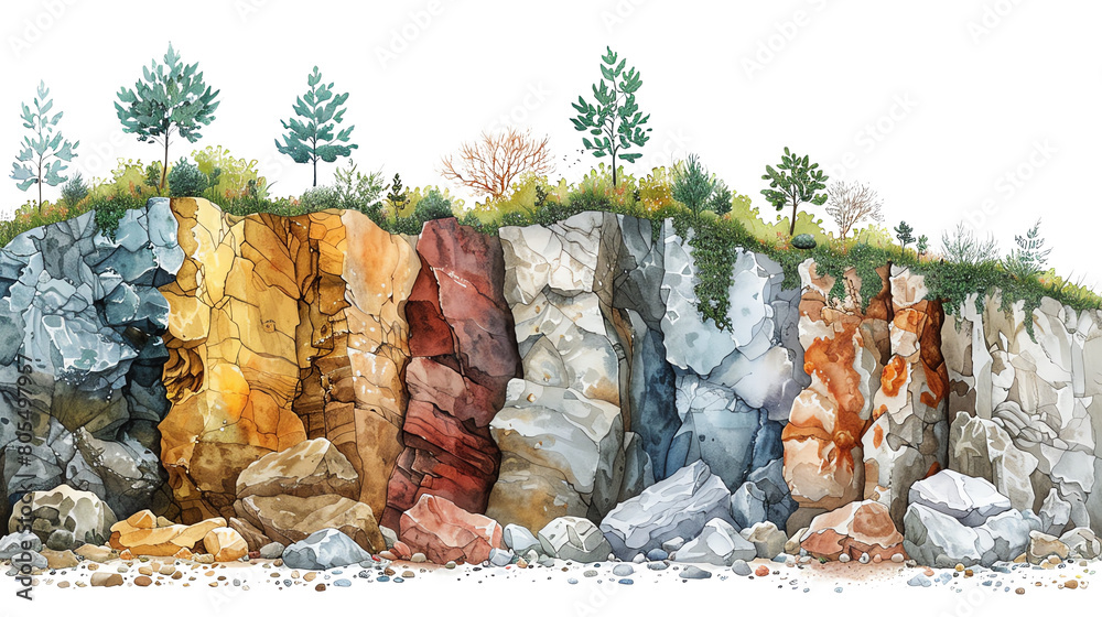 The image shows a cross-section of different types of rocks, including ...
