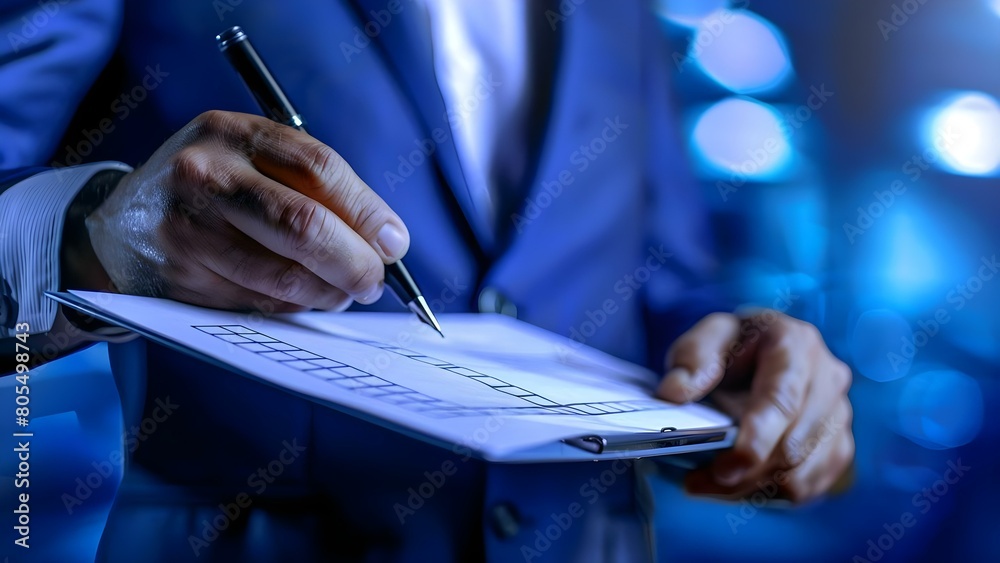 Foto de Man checking quality document checklist with pen holding file ...