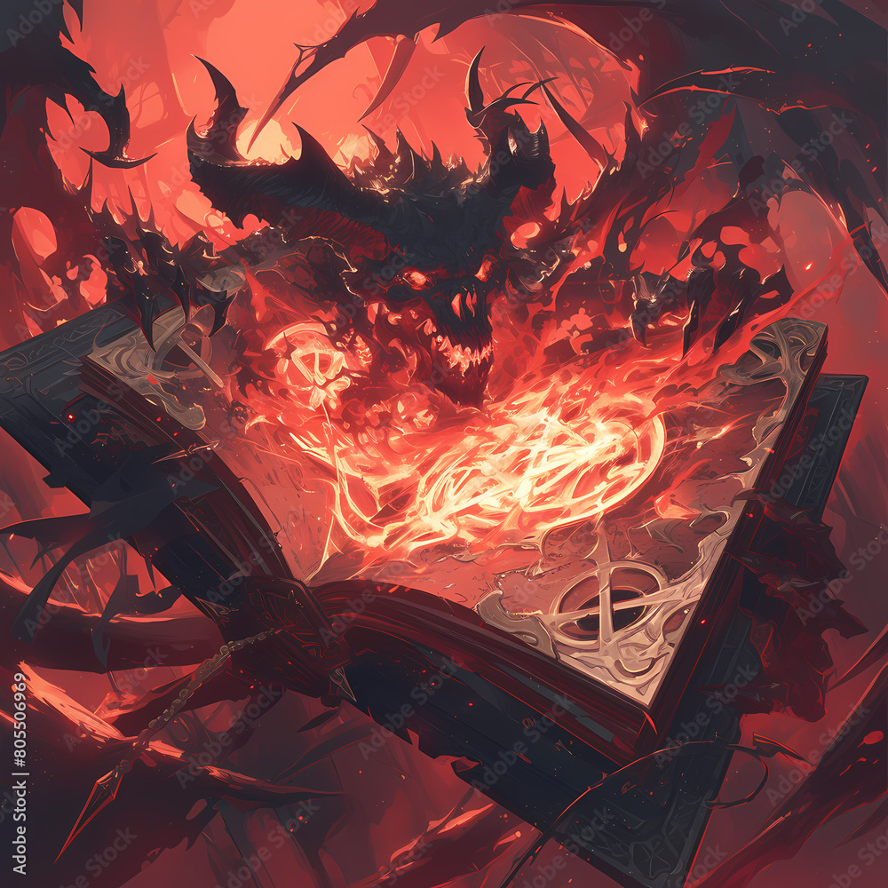 Enthralling Dark Fantasy Spellbook with Flames and Demon, Ideal for ...