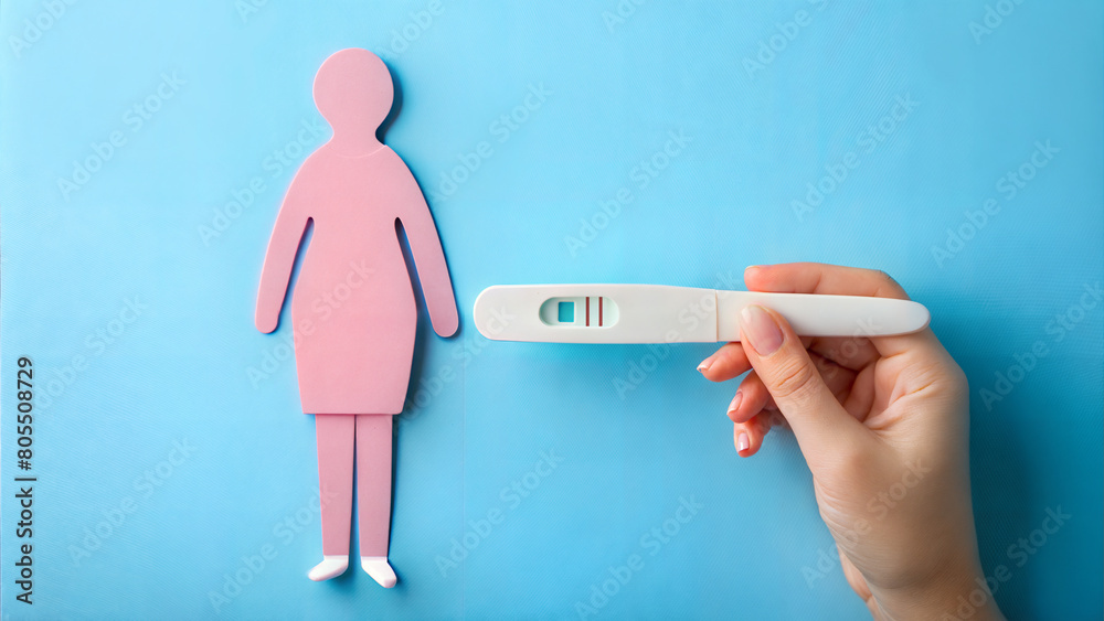 A hand presents a positive pregnancy test beside a symbolic doll ...