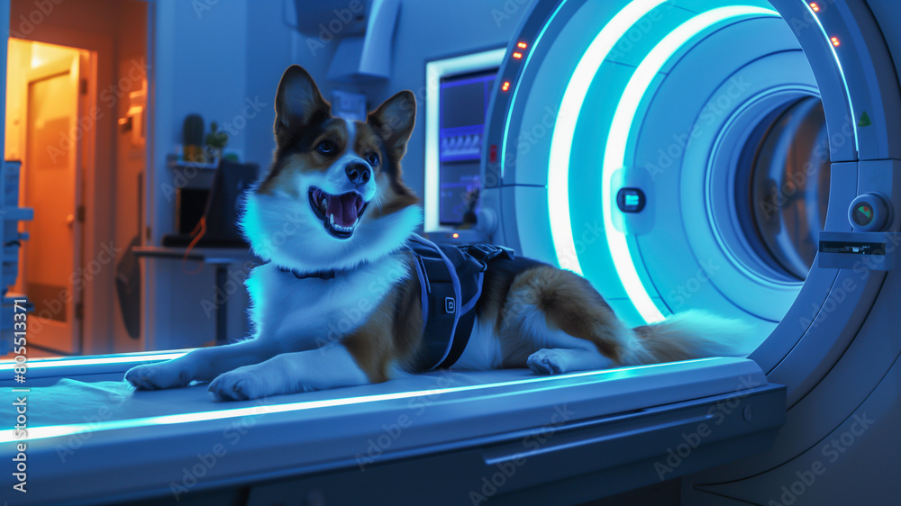 Dog with pet magnetic resonance imaging, MRI in treatment, A futuristic ...