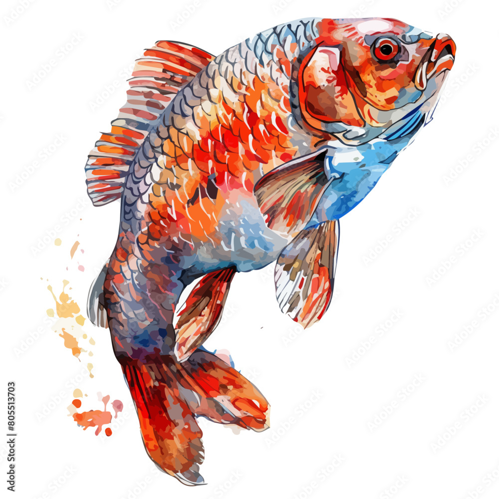 Watercolor painting of a kol carp (koi carp) fish, isolated on a white ...