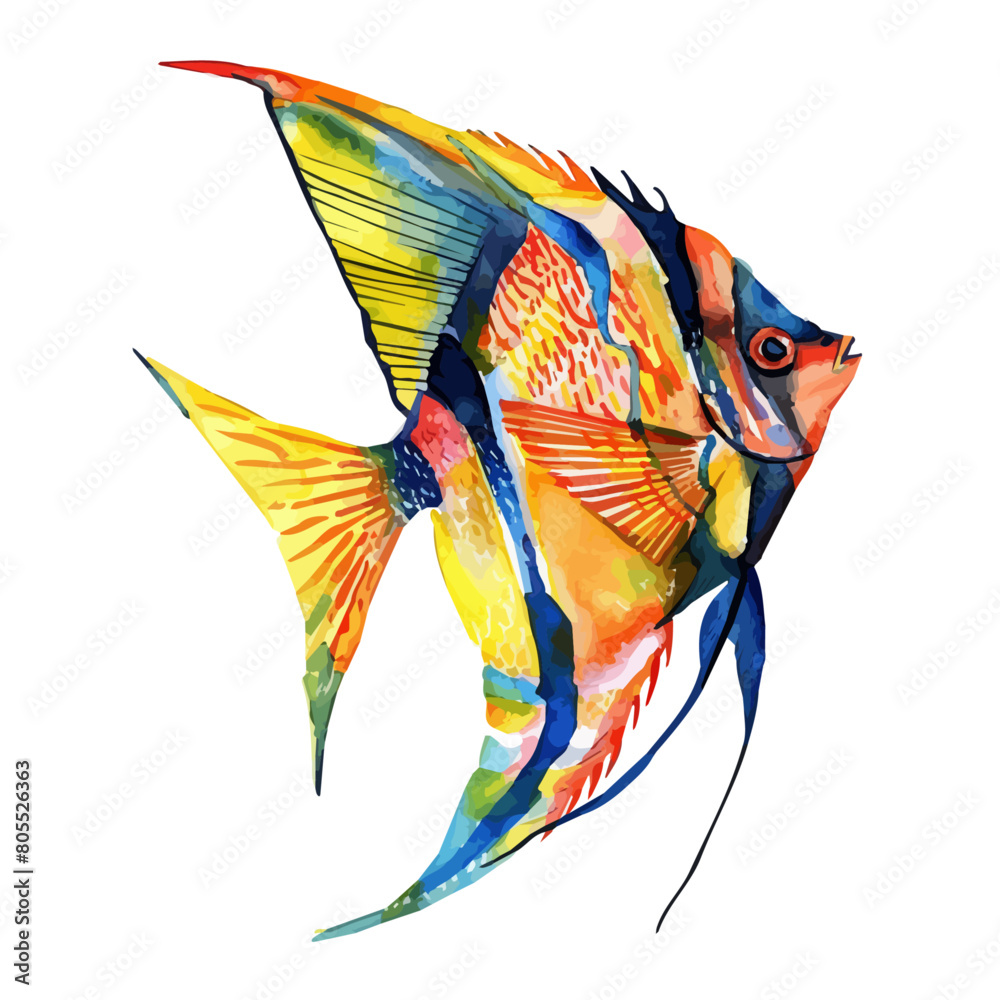 Watercolor Graphic of a angel fish, isolated on a white background ...