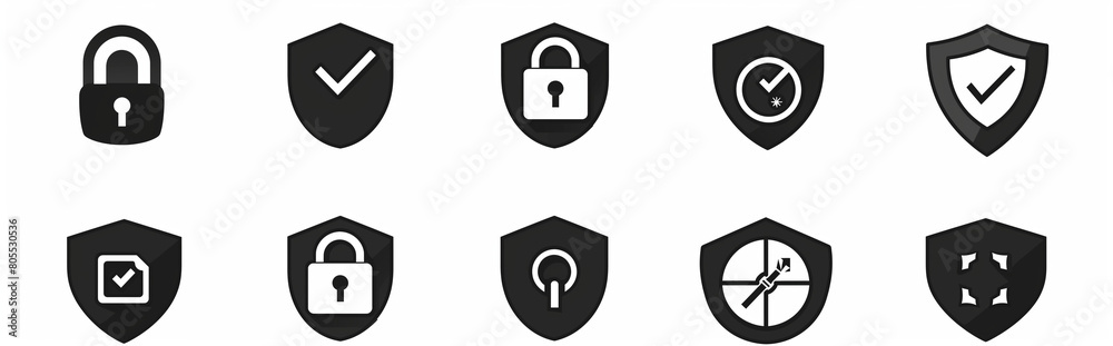 Set of security icons, black and white silhouette, simple vector ...