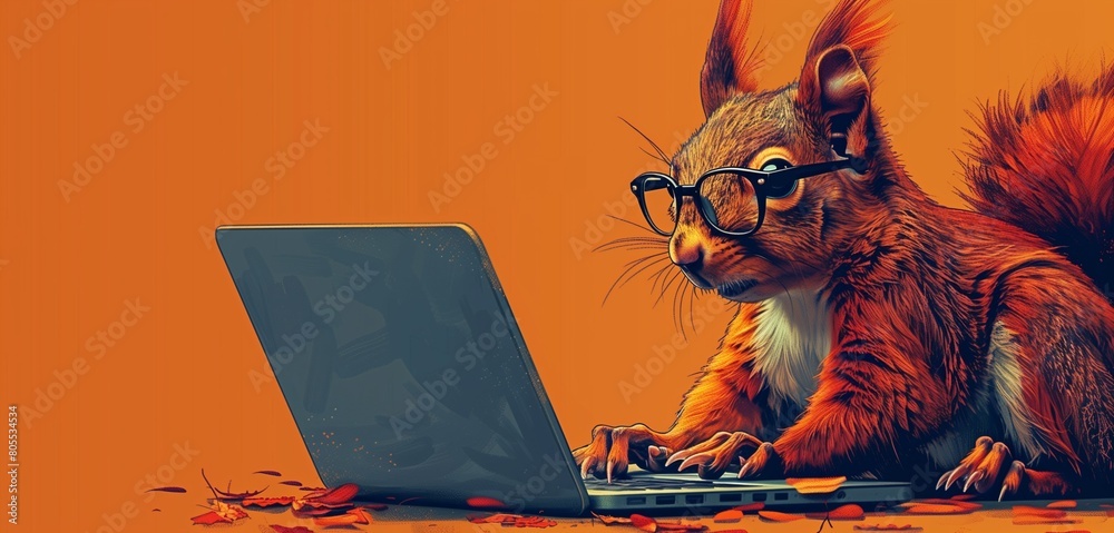 A squirrel on solid background, shown as a computer programmer, sitting ...