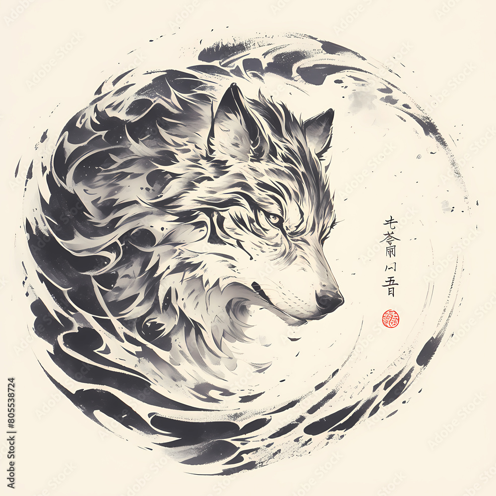 Elegant Grey Wolf Zen Style Art Print with Asian Symbols and Japanese ...