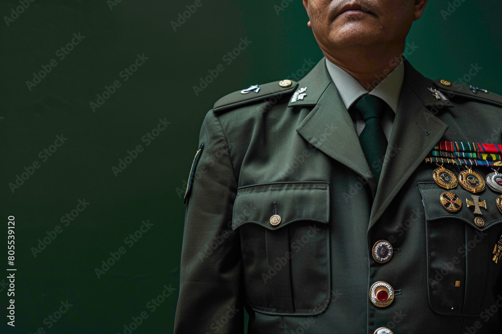 An army officer, the epitome of strength and bravery, stands stoically ...