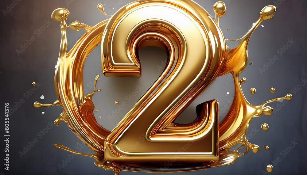 number 2 in golden drip effect, shiny metallic, logo, hyper realistic ...