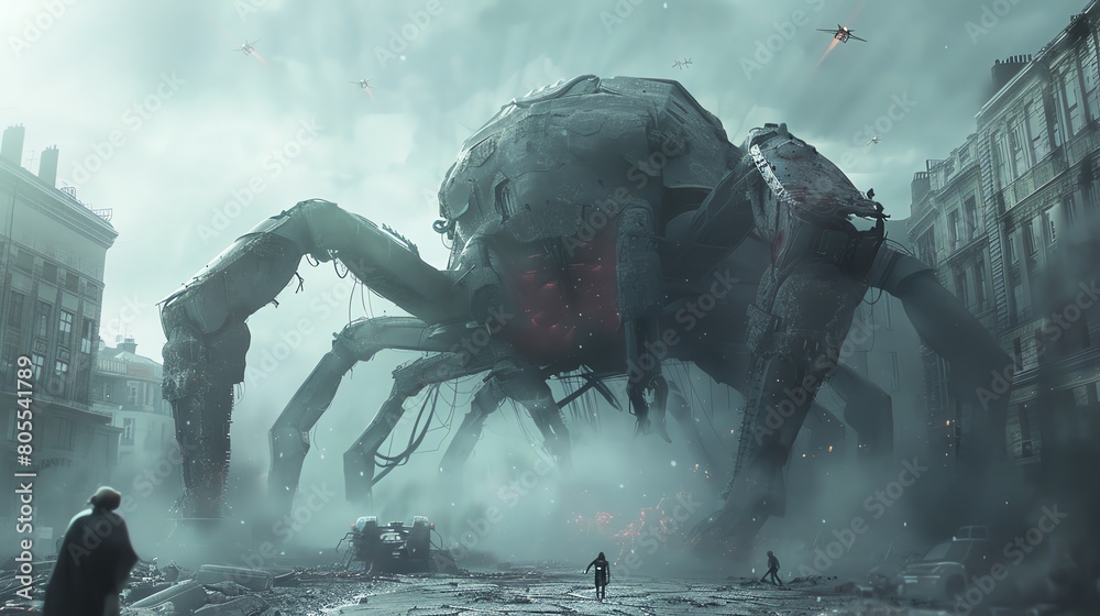 A giant mechanical spider stalks through a ruined city, its eight legs ...