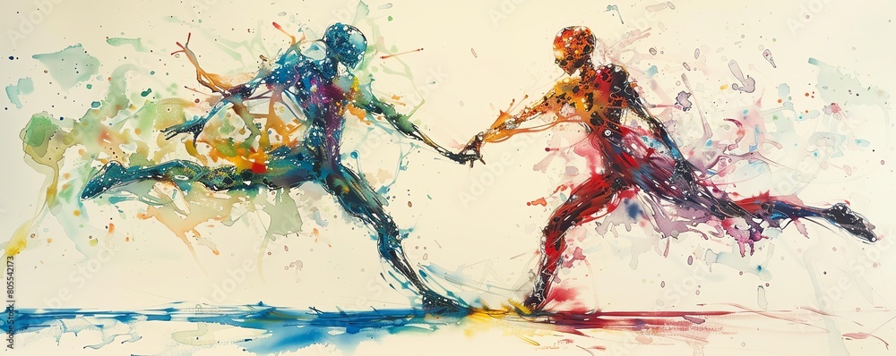 Colorful watercolor painting of two runners passing the baton in a ...