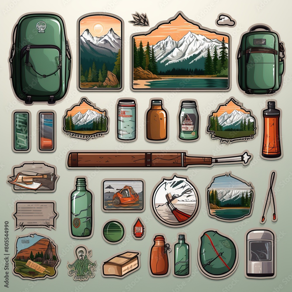 Design a sticker showcasing various hiking essentials, from boots and ...