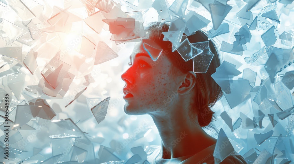 A woman's face is shown in a blue and red background with many pieces ...