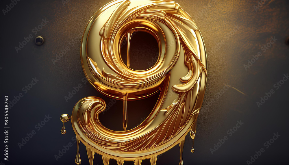 number 9 in golden drip effect, shiny metallic, logo, hyper realistic ...