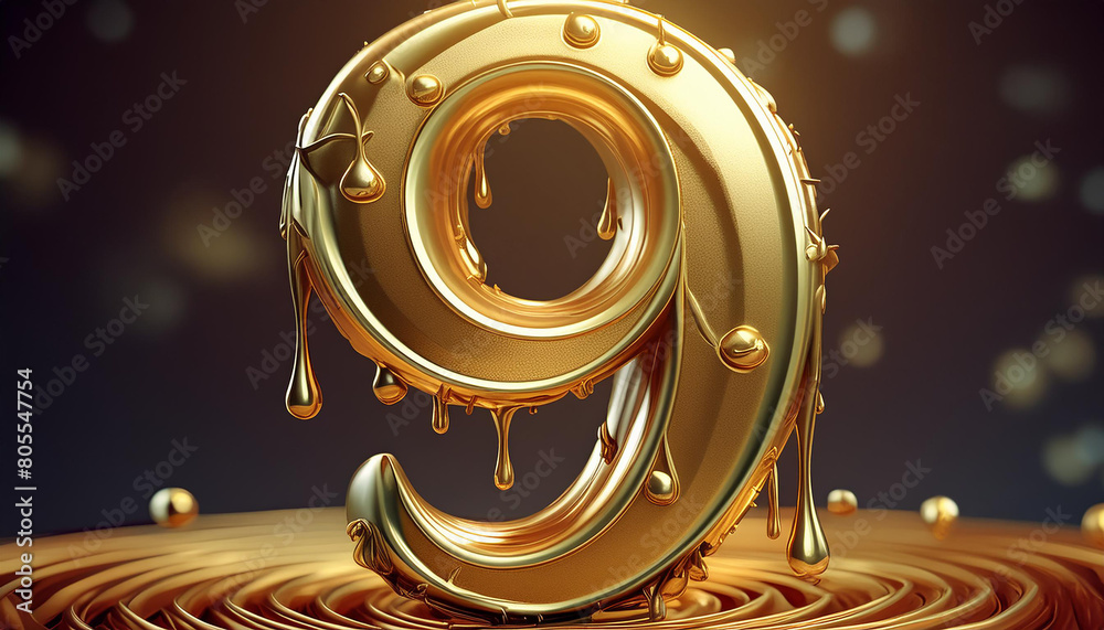 number 9 in golden drip effect, shiny metallic, logo, hyper realistic ...