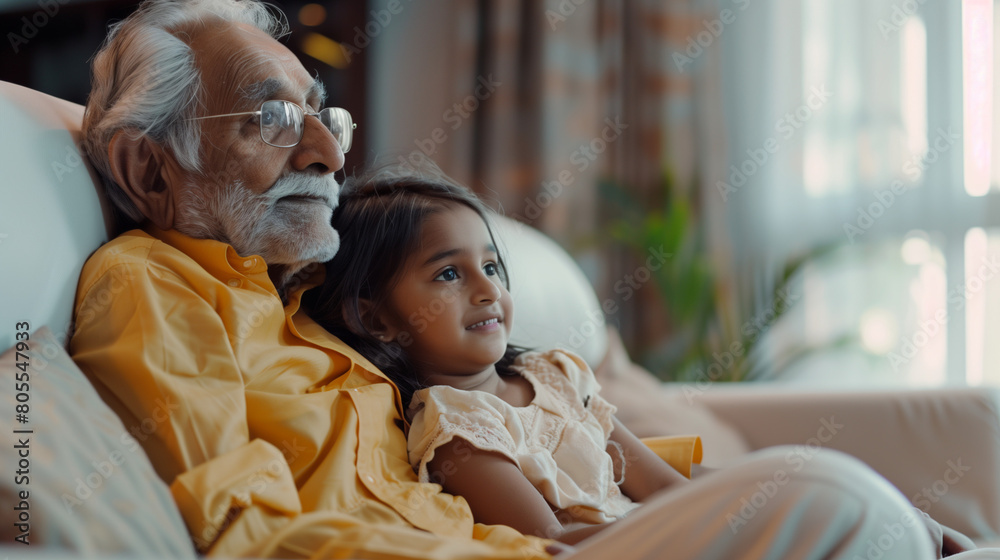 Happy Indian elderly great grandpa and great granddad watching cute ...