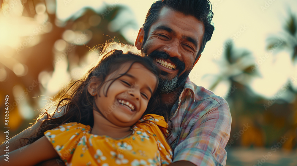 Happy loving young Indian dad and pretty preschool daughter kid looking ...