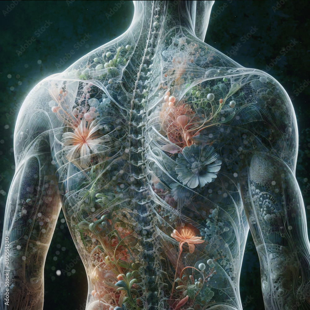 Detail of a human back of a man on his back made of natural and fractal ...