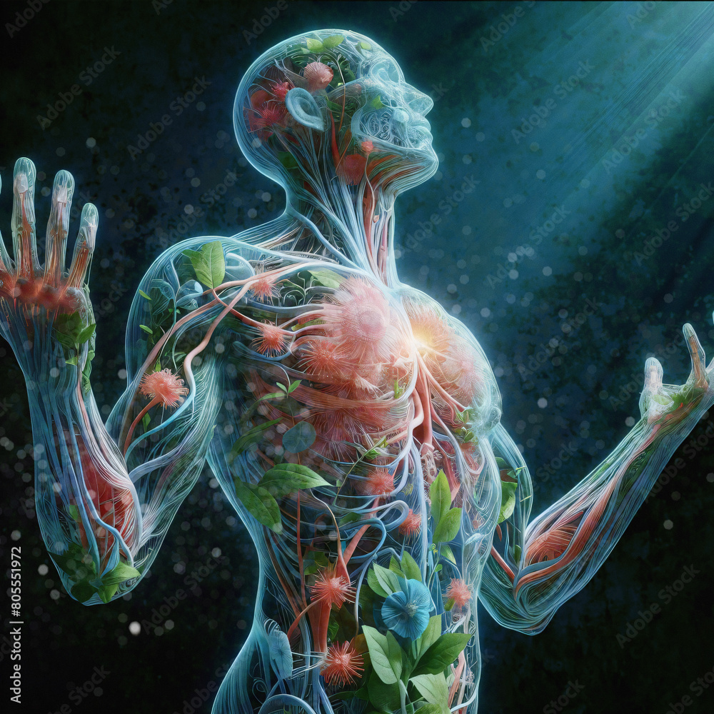 Human man body looking at the sun rays made of natural and fractal ...