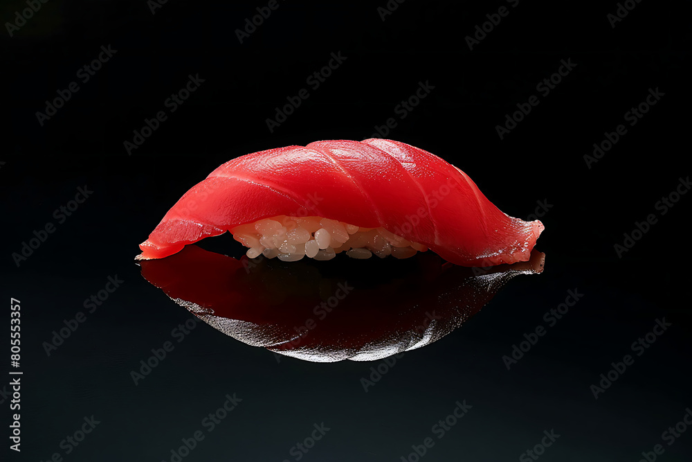 single piece of tuna sushi against a black background, with a focus on ...