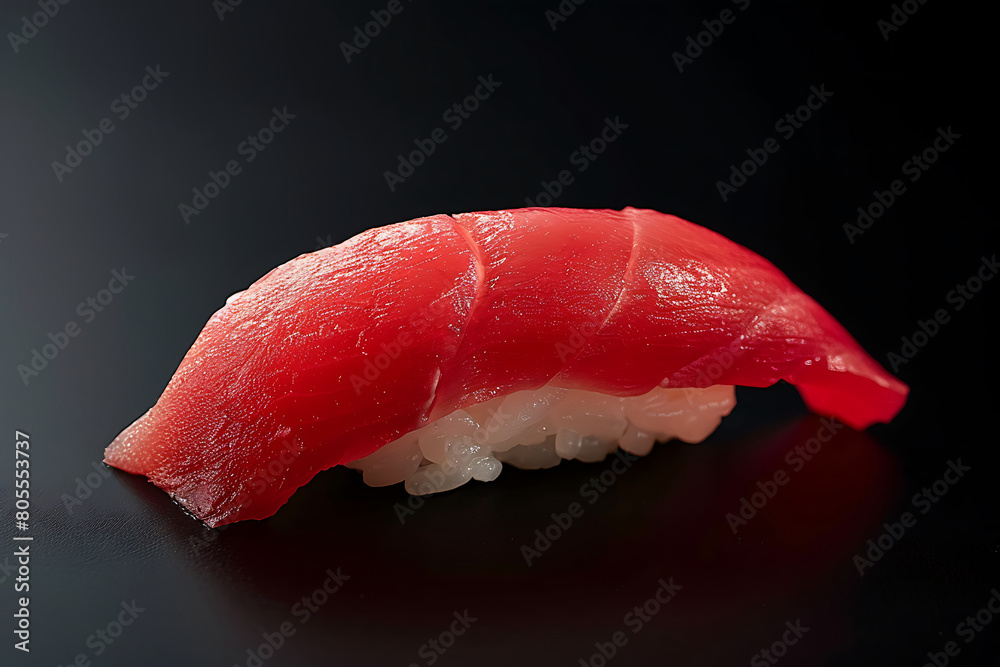 single piece of tuna sushi against a black background, with a focus on ...
