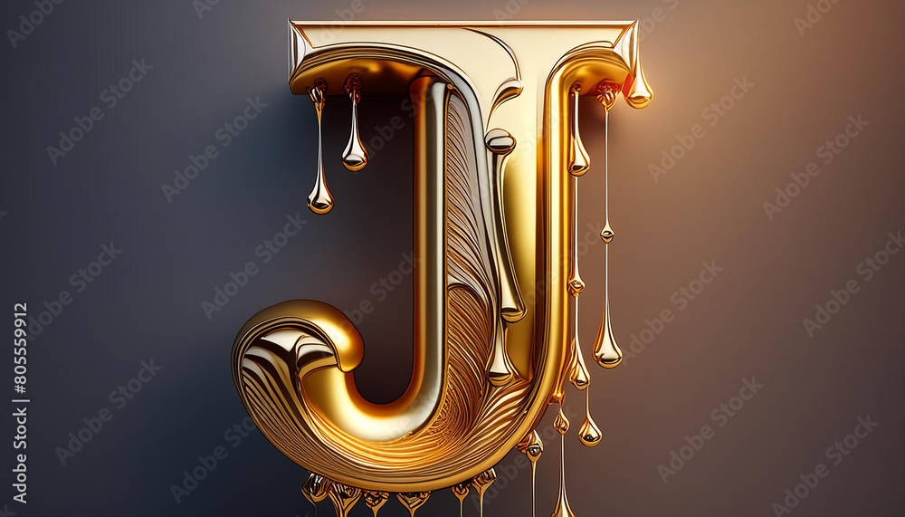 letter J in golden drip effect, shiny metallic, logo, hyper realistic ...