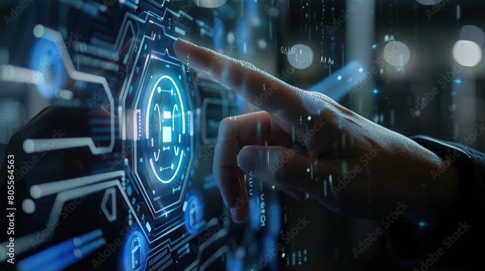 Cyber security and data protection on internet. Person touching virtual shield, secure access ...