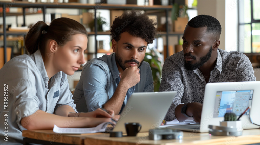Focused multiracial colleagues sit at desk in office look at laptop ...