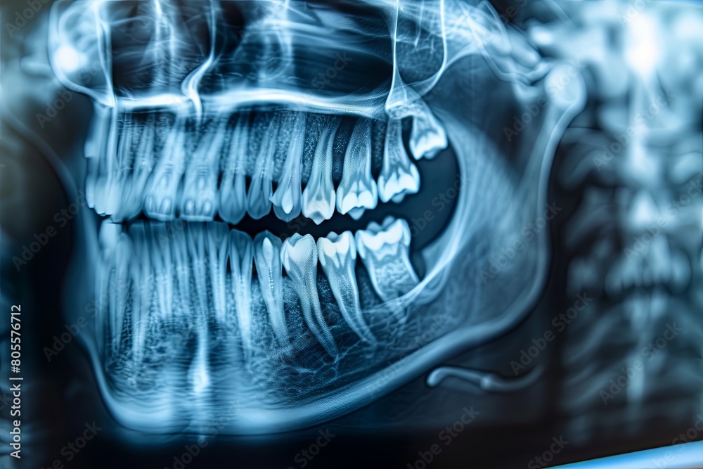 X-ray of teeth with a visible gap where a tooth is missing. Detailed ...