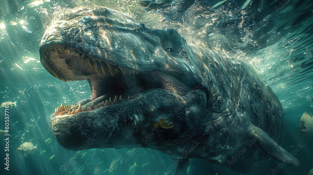 underwater scene depicting a Mosasaurus, a fearsome marine reptile from ...