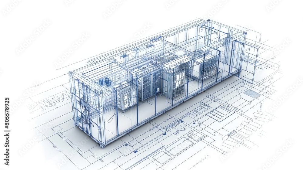 3d Blueprint Image Of A 40 Foot Modular Data Center Container Showcasing Internal Layout And