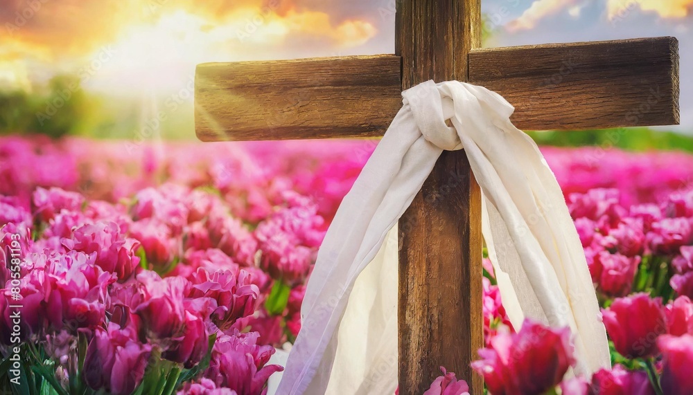 a rustic wooden cross with a white cloth draped over it set against a ...