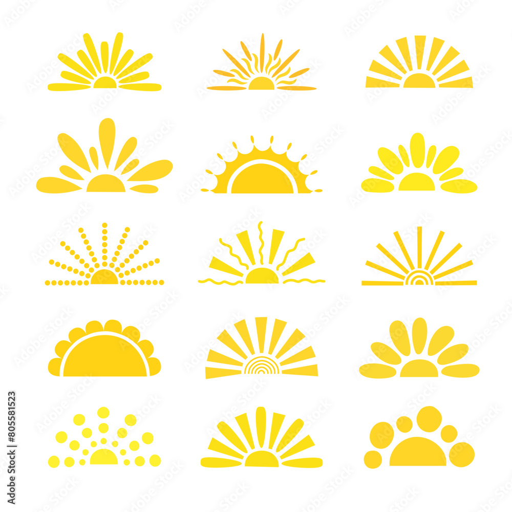 Simple yellow half sun hand drawn vector flat illustration with half ...