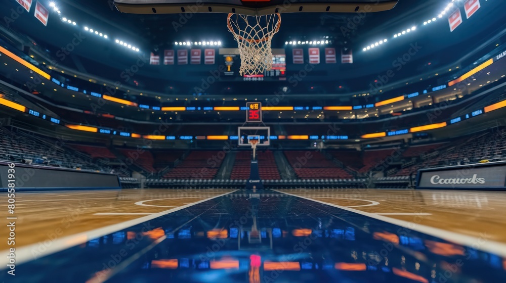 View from the court level of an empty basketball arena with a clear ...