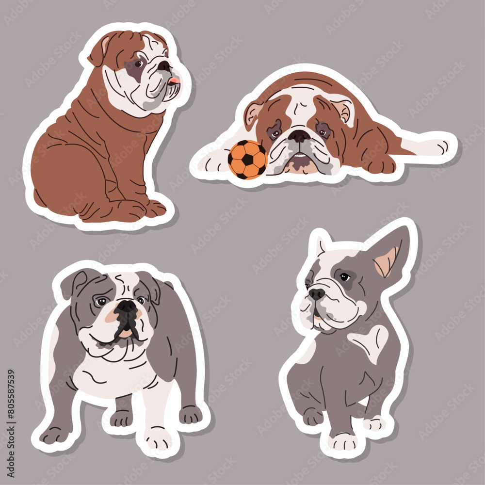 Cute dogs of English and French bulldogs breeds sticker pack. Funny ...