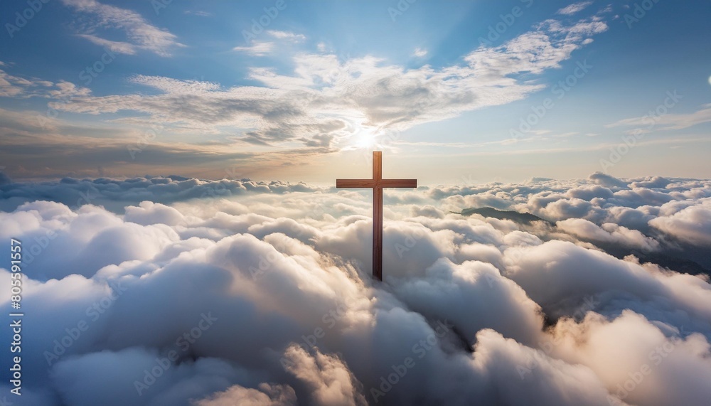 christian cross appeared bright in the sky with soft fluffy clouds ...