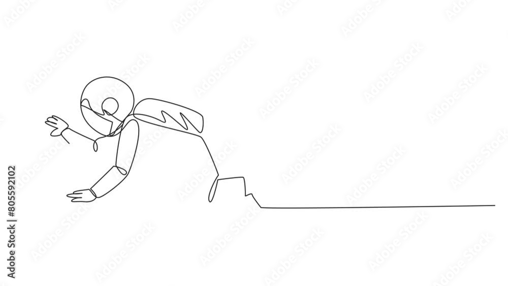 Self drawing animation of continuous line drawing young tired astronaut ...