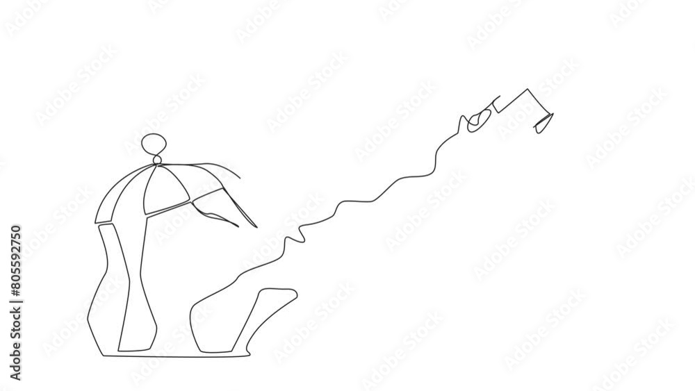 Animation of one line drawing astronaut flying with rocket and breaking ...