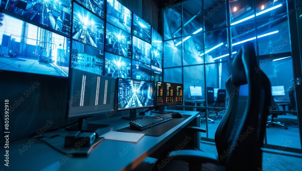 8 monitors on the desk in the modern security room with blue light ...