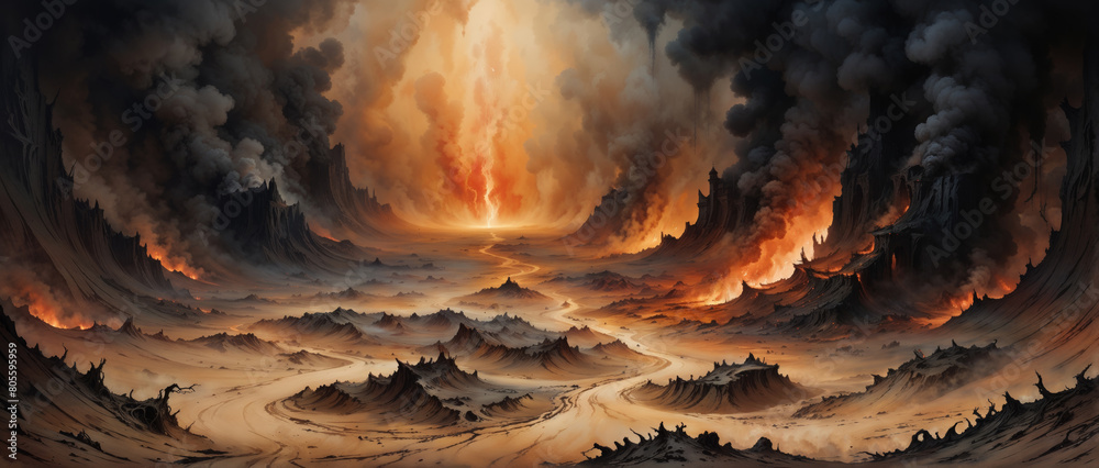 Depiction of the land of eternal burning fire and underworld in deep ...