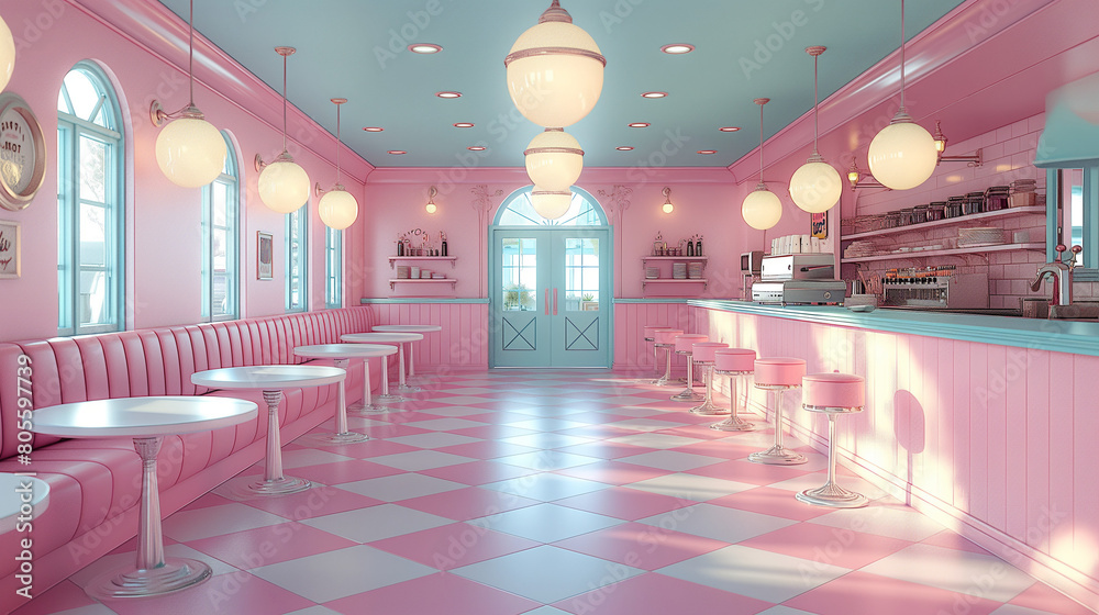 Cute vintage ice cream parlor interior with a pink and turquoise color ...