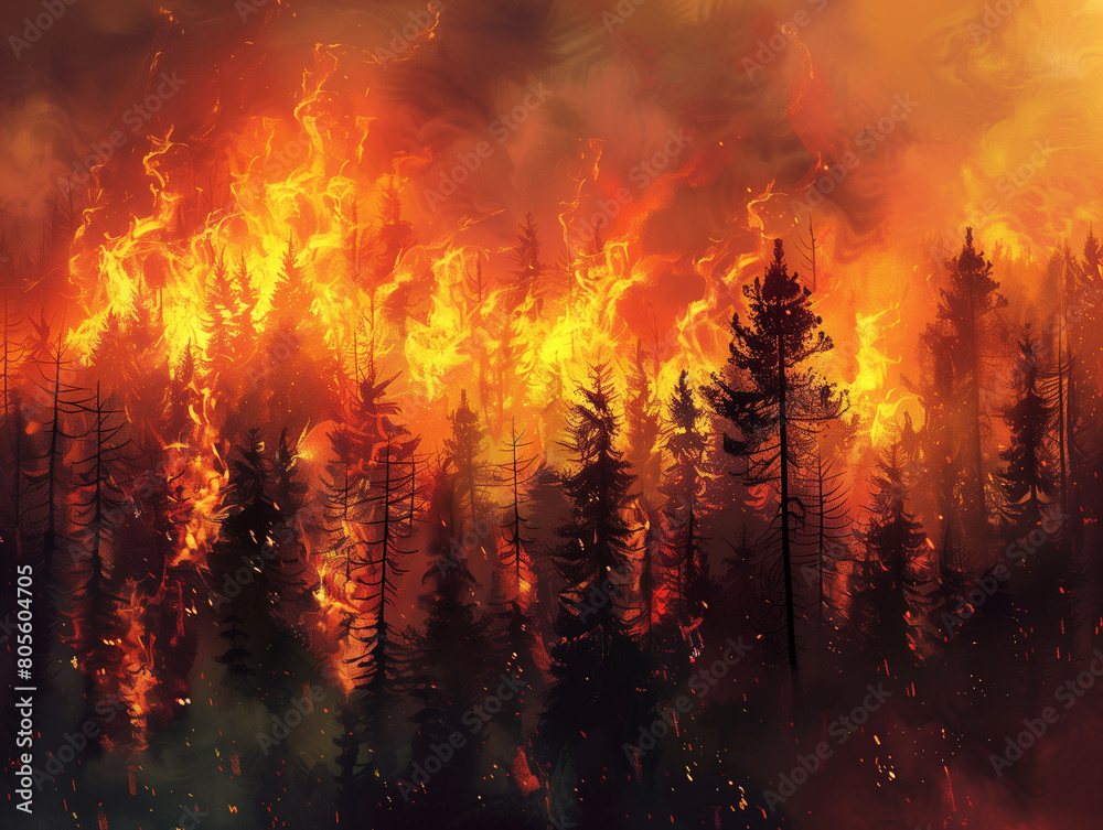 ภาพประกอบสต็อก A forest fire, depicted with intense and vivid imagery ...